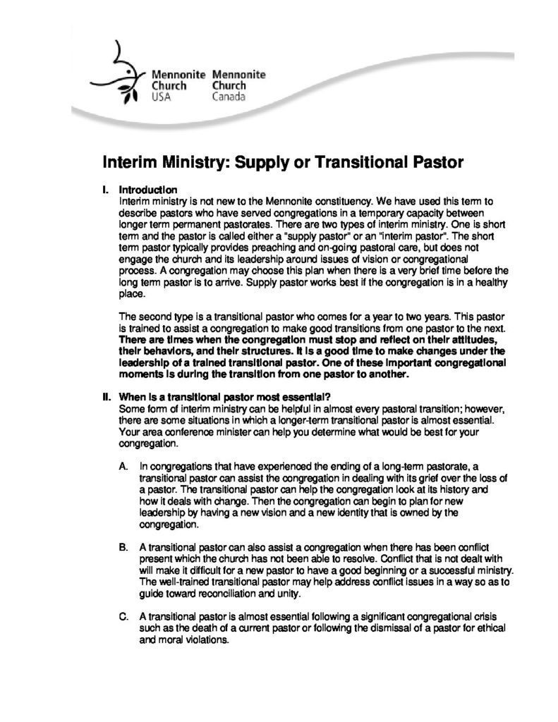 Interim Ministry: Supply or Transitional Pastor | Mennonite Church USA